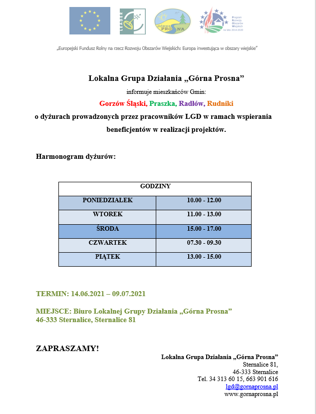 Dyżury w biurze LGD — Górna Prosna Dyżury w biurze LGD — Górna Prosna